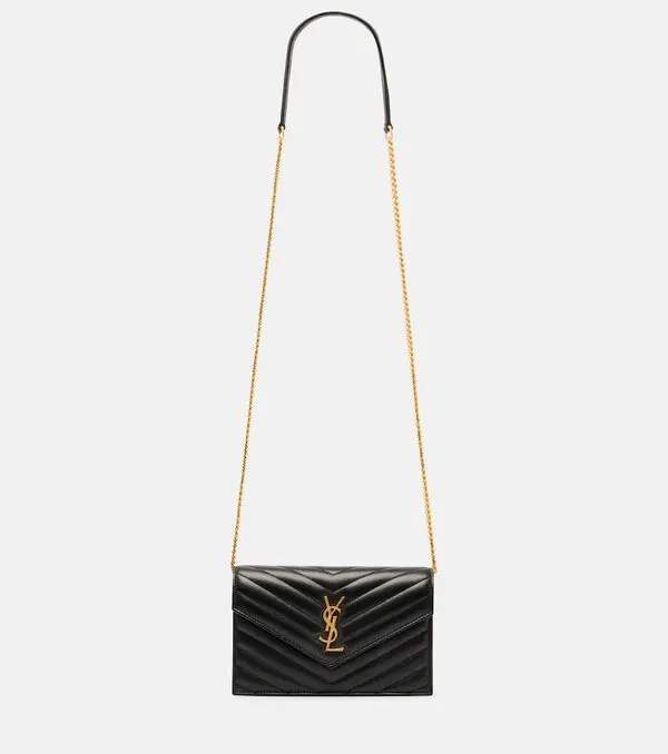 Saint Laurent Cassandre Matelassé Envelope Leather Wallet On Chain - Black