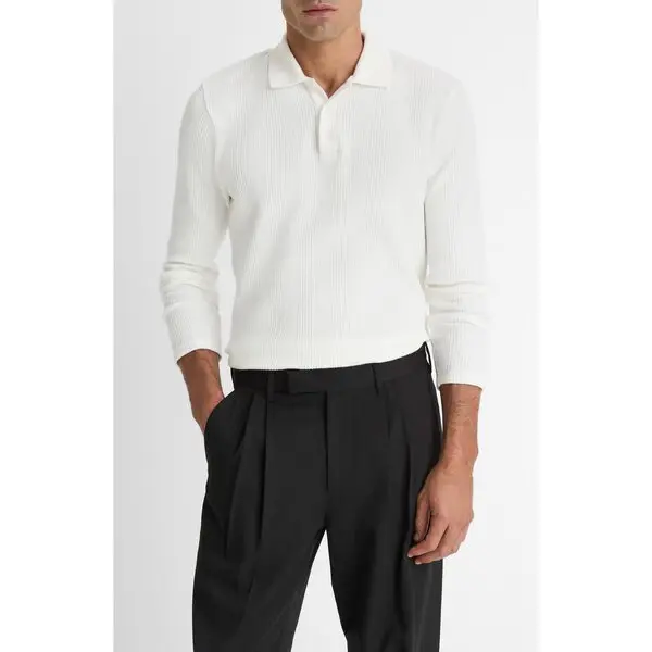 Vince Variegated Texture Long Sleeve Polo - Off White