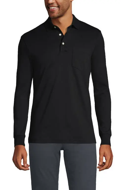 LANDS' END Long Sleeve Cotton Supima Polo Shirt With Pocket - Black