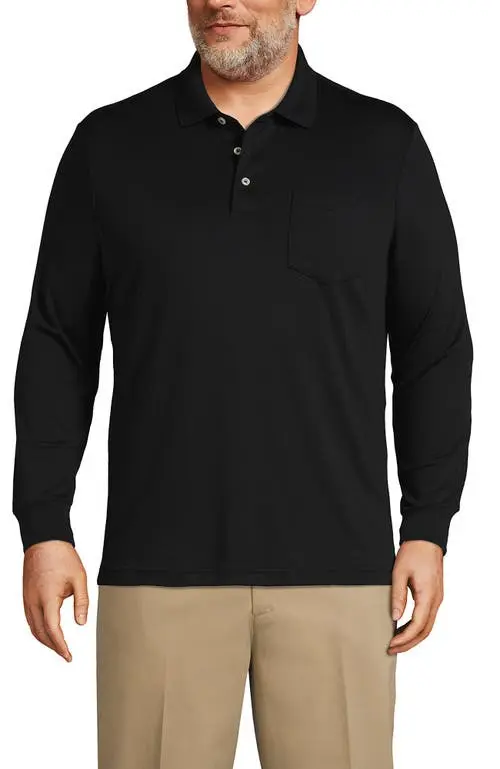 LANDS' END Long Sleeve Cotton Supima Polo Shirt With Pocket - Black