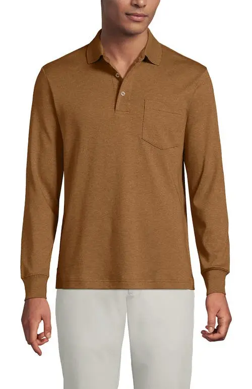 LANDS' END Long Sleeve Cotton Supima Polo Shirt With Pocket - Canyon Camel Heather