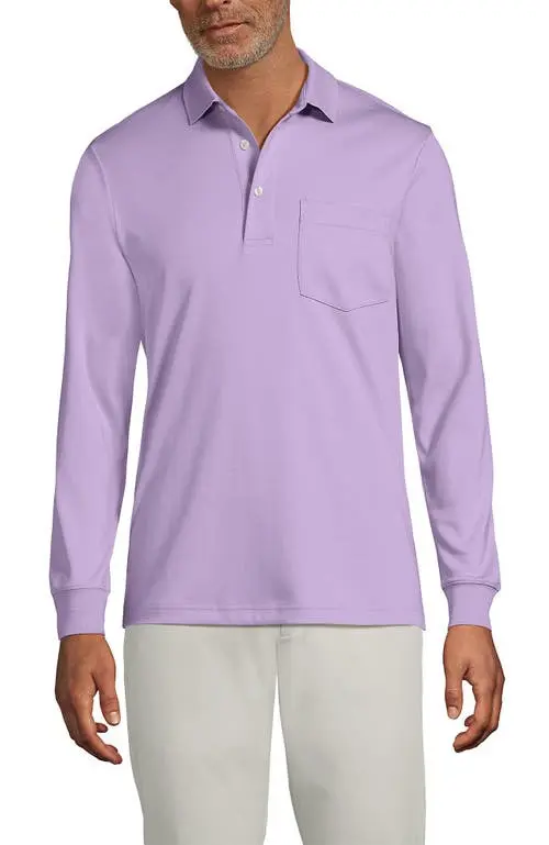 LANDS' END Long Sleeve Cotton Supima Polo Shirt With Pocket - Whisper Lilac