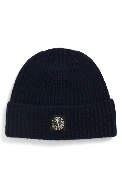 Stone Island Logo Patch Virgin Wool Rib Beanie - Navy Blue