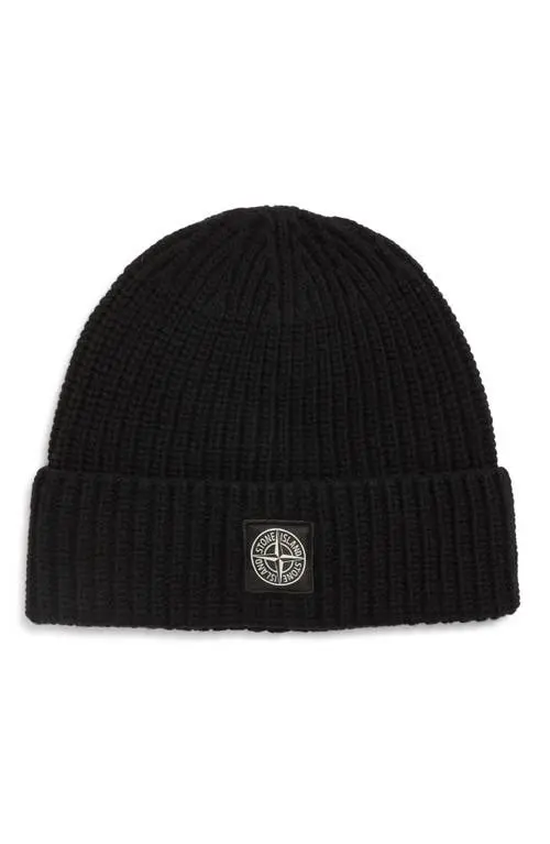 Stone Island Logo Patch Virgin Wool Rib Beanie - V0029 Black