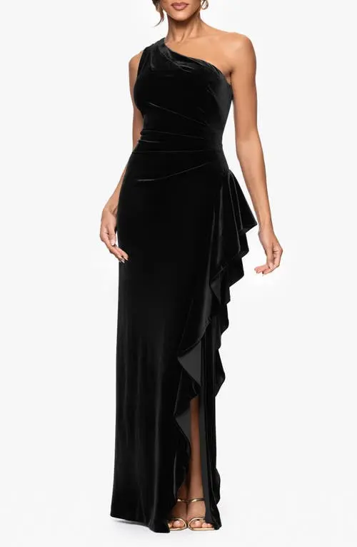 XSCAPE EVENINGS One-shoulder Ruffle Velvet Gown - Black