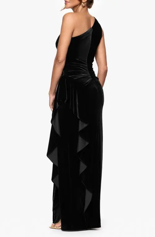 XSCAPE EVENINGS One-shoulder Ruffle Velvet Gown - Black