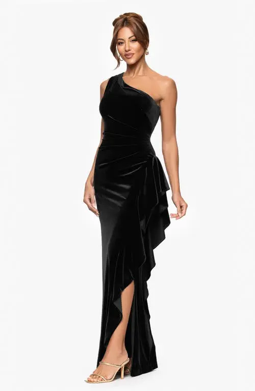 XSCAPE EVENINGS One-shoulder Ruffle Velvet Gown - Black