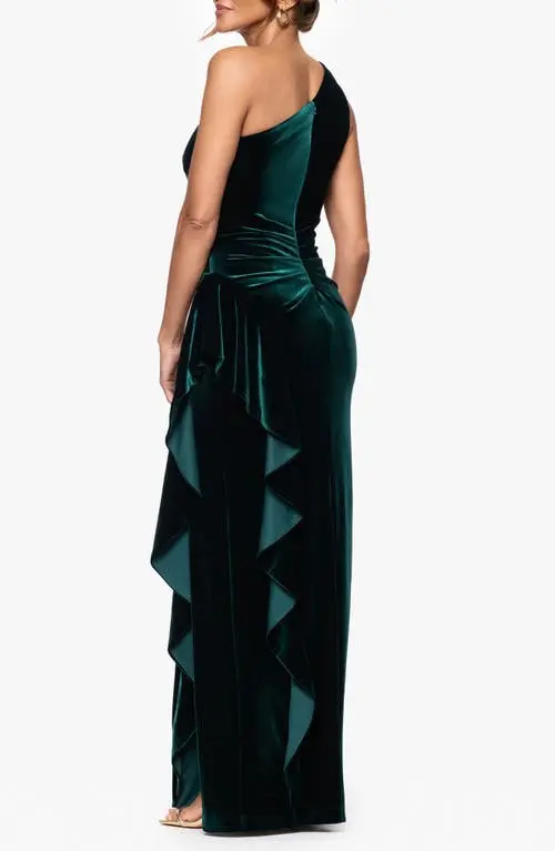 XSCAPE EVENINGS One-shoulder Ruffle Velvet Gown - Hunter