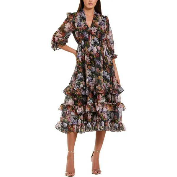 Mac Duggal Chiffon Midi Dress With Floral Print And Ruffles - Black Multi