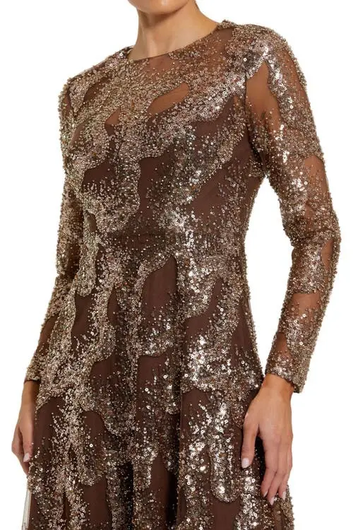 mac duggal gold long sleeve dress Gold Long Sleeve Embellished Gown