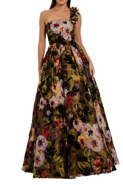 Mac Duggal One-shoulder Embossed Organza Gown With 3d Flowers - Black Multi