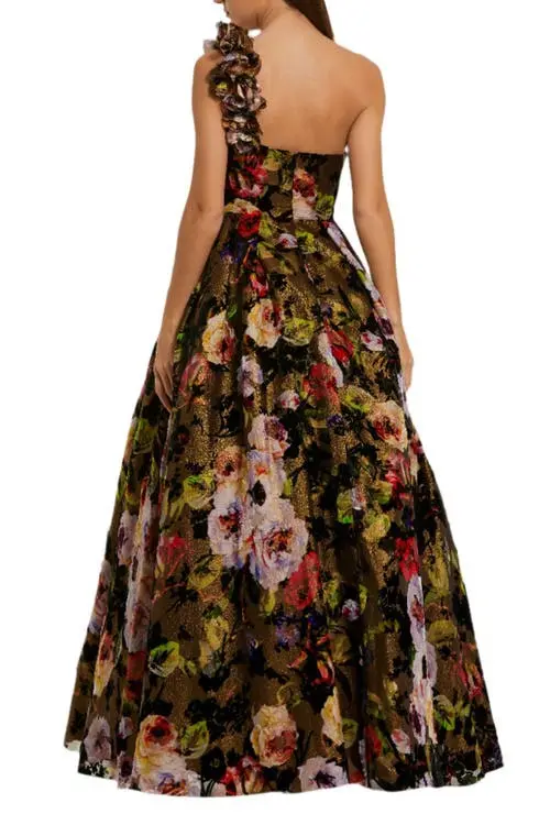 Mac Duggal One-shoulder Embossed Organza Gown With 3d Flowers