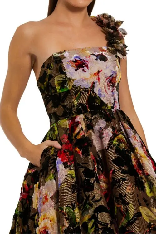Mac Duggal One-shoulder Embossed Organza Gown With 3d Flowers