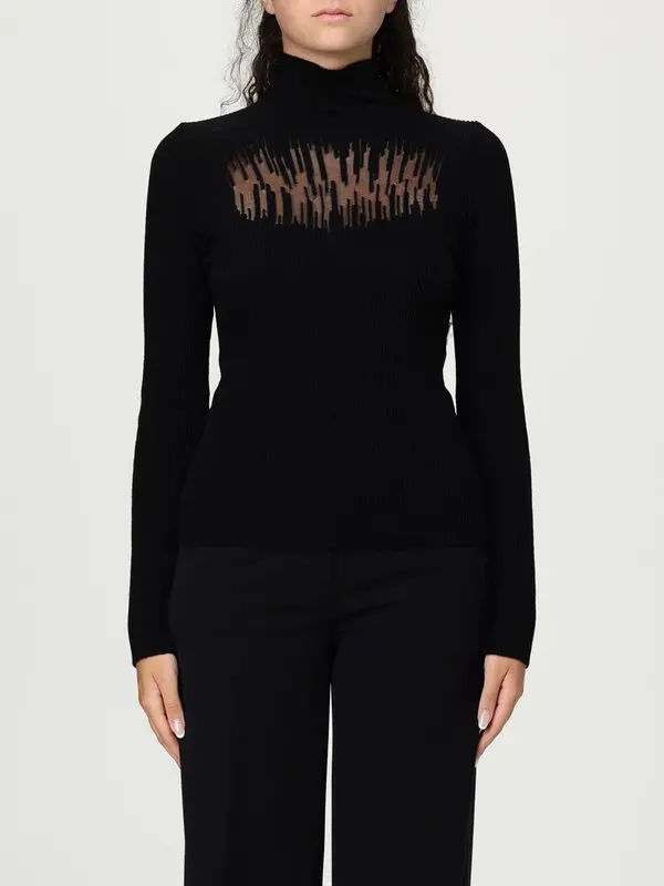 GENNY Ribbed Knit Turtleneck With Sheer Panel - Black