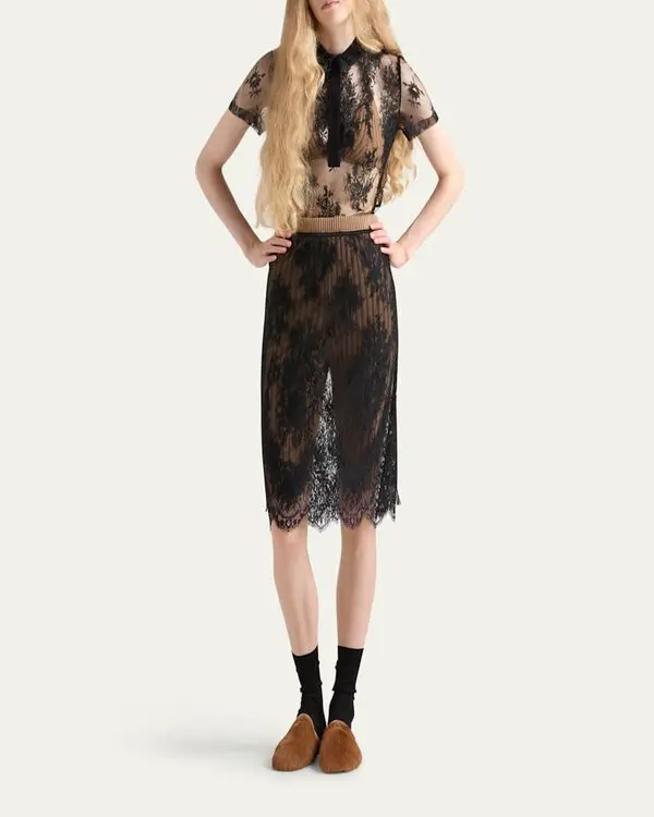 Prada Sheer Lace Knee Length Skirt - Nero