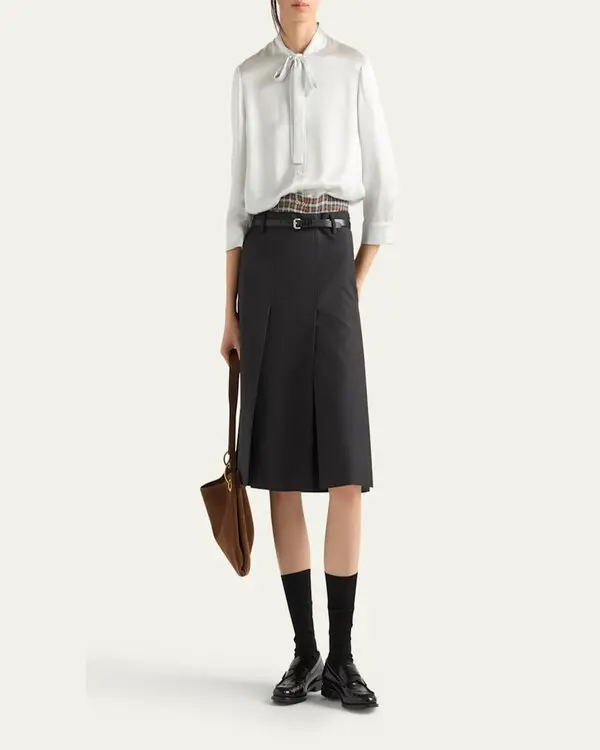 Prada Grisaglia Check Pleated Slit Skirt