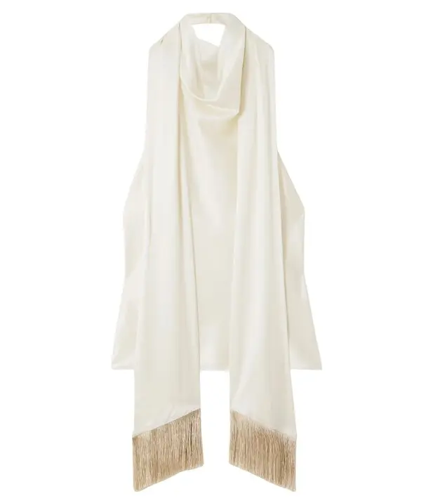 Nina Ricci Fringed Scarf-detailed Draped Satin Halterneck Top - Cream