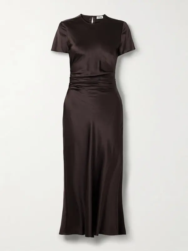 Staud Marcel Ruched Stretch-silk Charmeuse Midi Dress - Brown