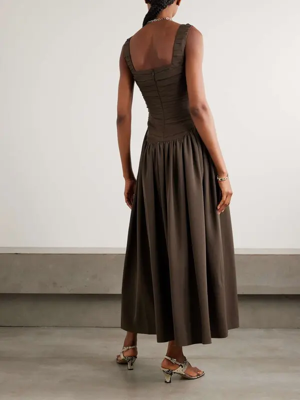 Abadia Kaia Ruched Gathered Chiffon And Twill Midi Dress In Brown - 40% Off  | Editorialist