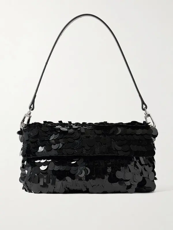 Staud Timmy Leather-trimmed Sequined Shoulder Bag