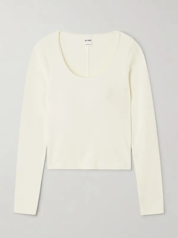 RE/DONE Cropped Scalloped Stretch-cotton Jersey Top