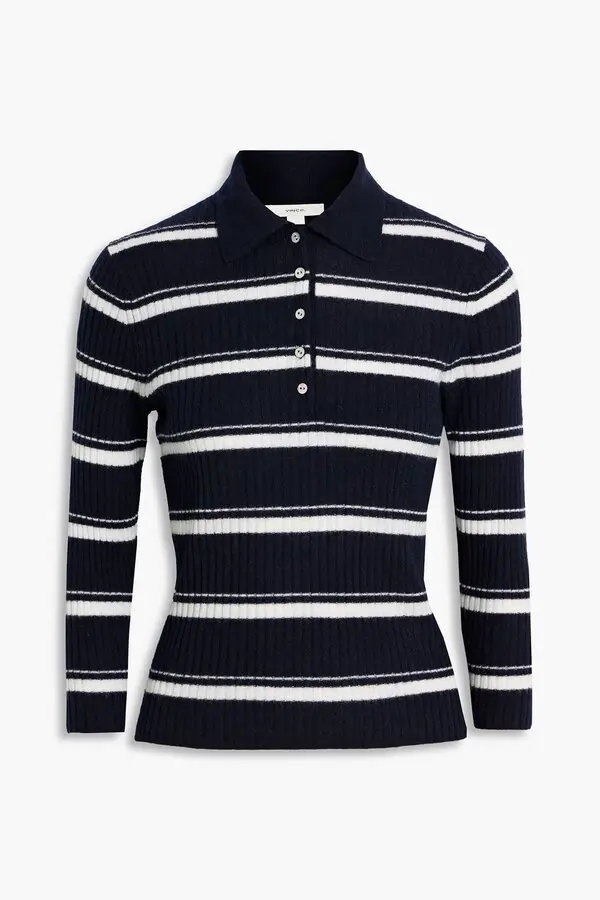 Vince Striped Ribbed Cashmere-blend Polo Sweater