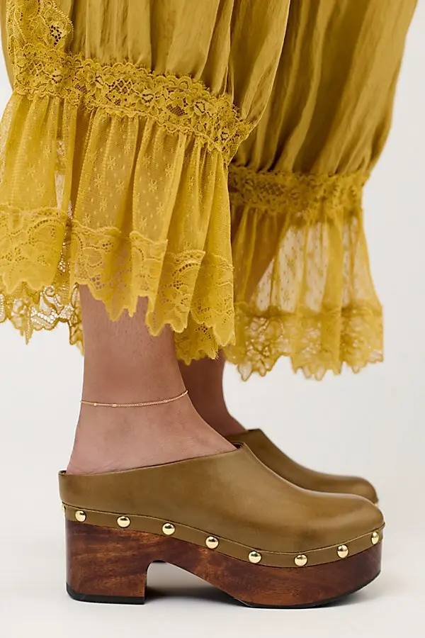 Free People Calli Clogs With Studded Wood Platform - Olive