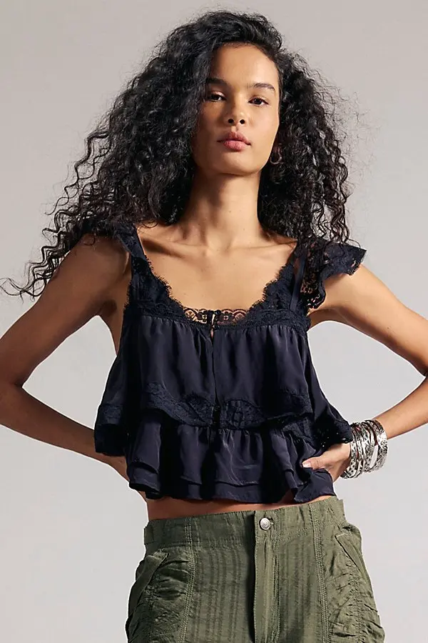 Free People Intimately "how Sweet Is It" Ruffled Lace Cami - Black