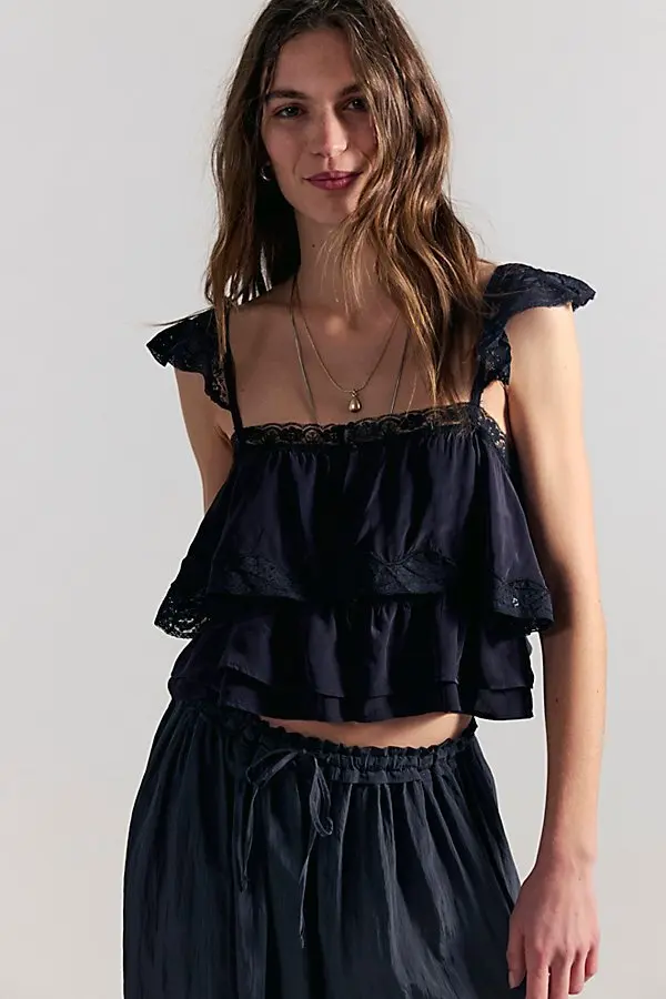 Free People Intimately "how Sweet Is It" Ruffled Lace Cami - Black