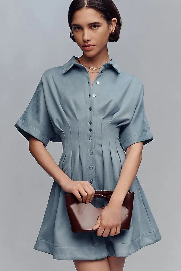 EXQUISE Tobie Faux-suede Shirt Dress - Light Blue