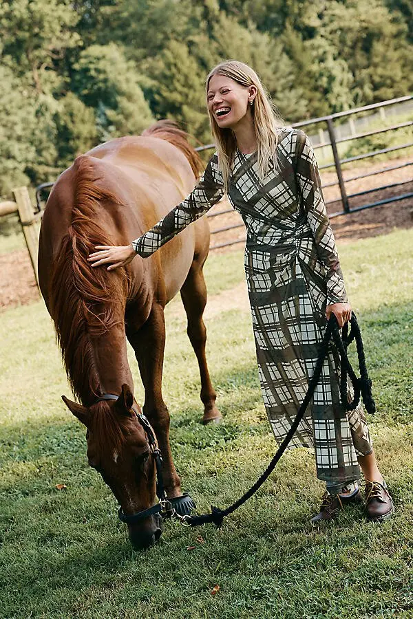 Anthropologie Ruched Mesh Midi Dress - Brown Plaid