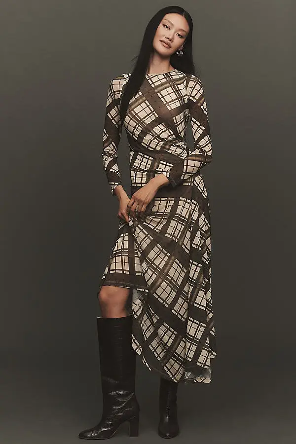fitted lace wedding dress Slit Plaid Tie Neck Long Sleeve Maxi Dress Camel / L main image 1