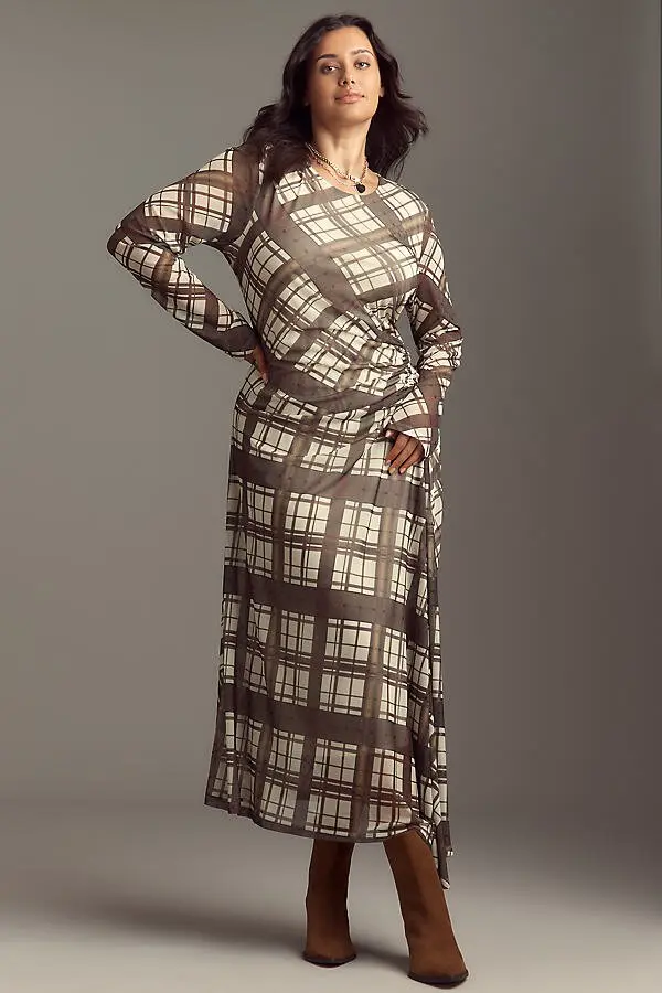 Buy Anthropologie Long-sleeve Ruched Mesh Midi Dress - Brown Plaid At 64%  Off | Editorialist
