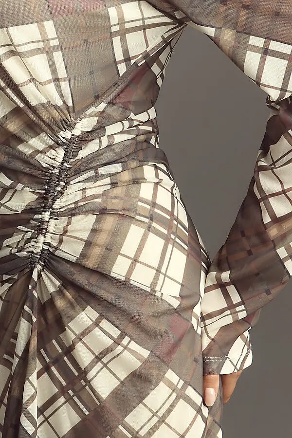 Buy Anthropologie Long-sleeve Ruched Mesh Midi Dress - Brown Plaid At 64%  Off | Editorialist