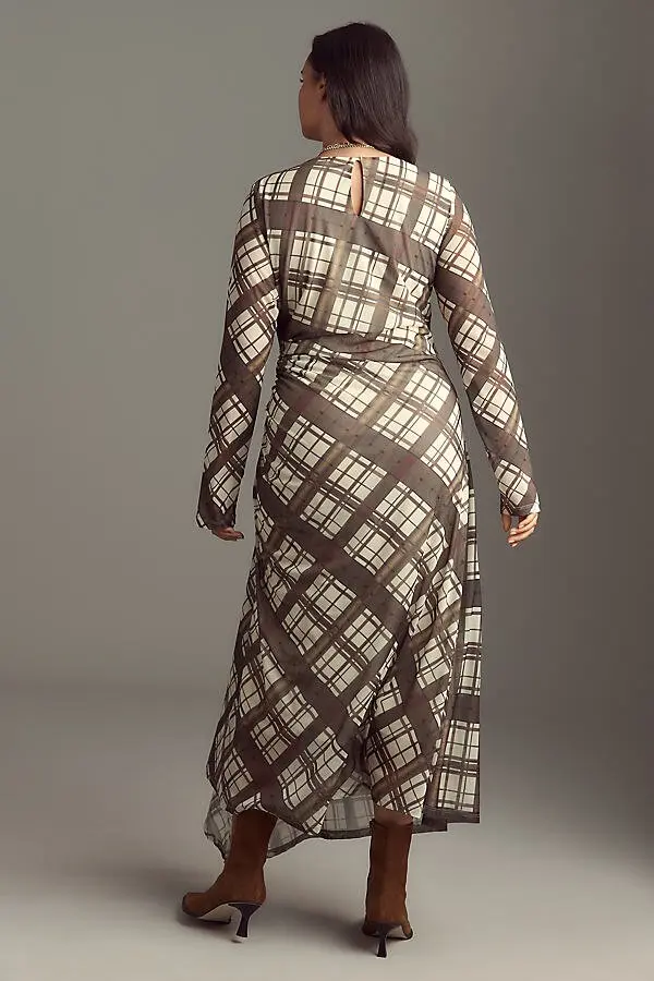 Buy Anthropologie Long-sleeve Ruched Mesh Midi Dress - Brown Plaid At 64%  Off | Editorialist