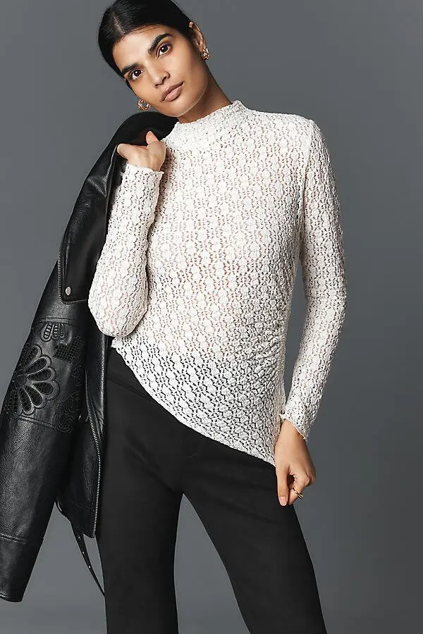 Anthropologie Smocked Lace Long-sleeve Top - Coconut Milk