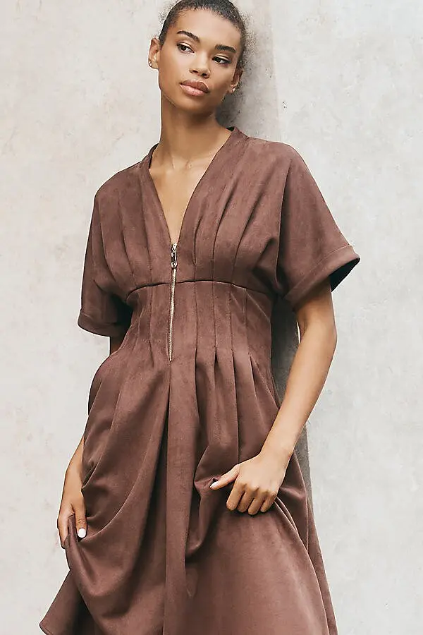 Exquise Faux-Suede Tobie Shirt Dress In Chocolate - 69% Off | Editorialist