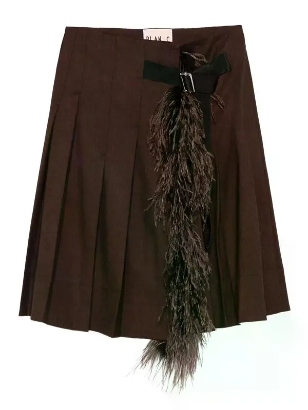 Plan C Pleated Feather-trimmed Midi Skirt