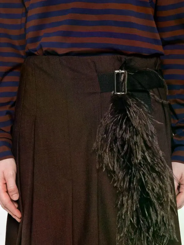 Plan C Pleated Feather-trimmed Midi Skirt