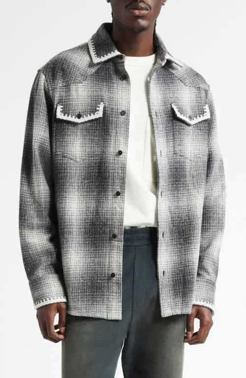 GOLDEN GOOSE Journey Plaid Virgin Wool & Silk Blend Overshirt - Pewter Gray/off White