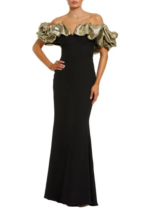 Mac Duggal Crepe Mermaid Gown With Off-the-shoulder Ruffle - Black Gold