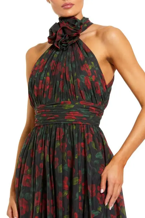 Mac Duggal Floral Chiffon Halter Neck Gown With Rosette Detail