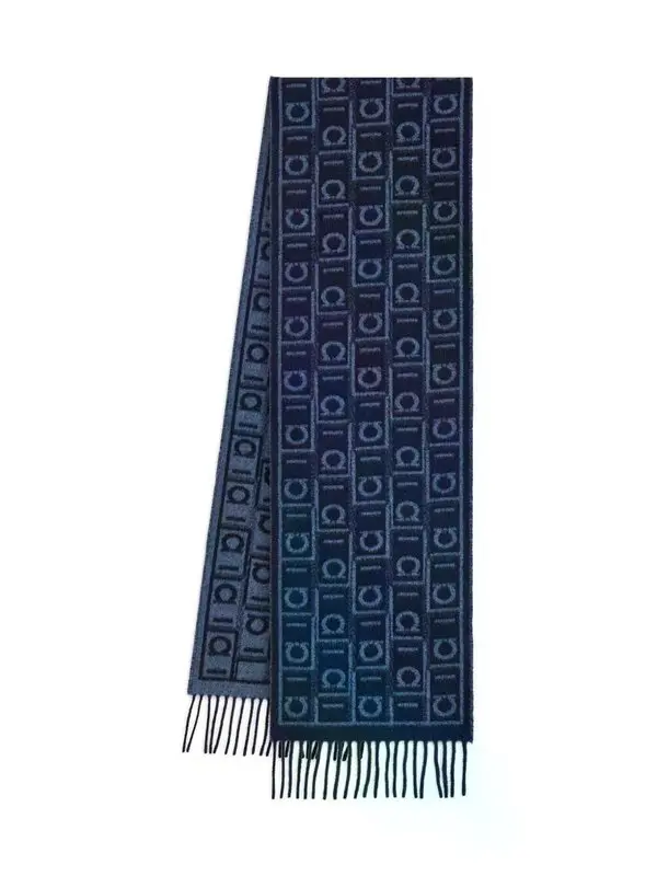 FERRAGAMO Monogram Fringed Scarf - Blue