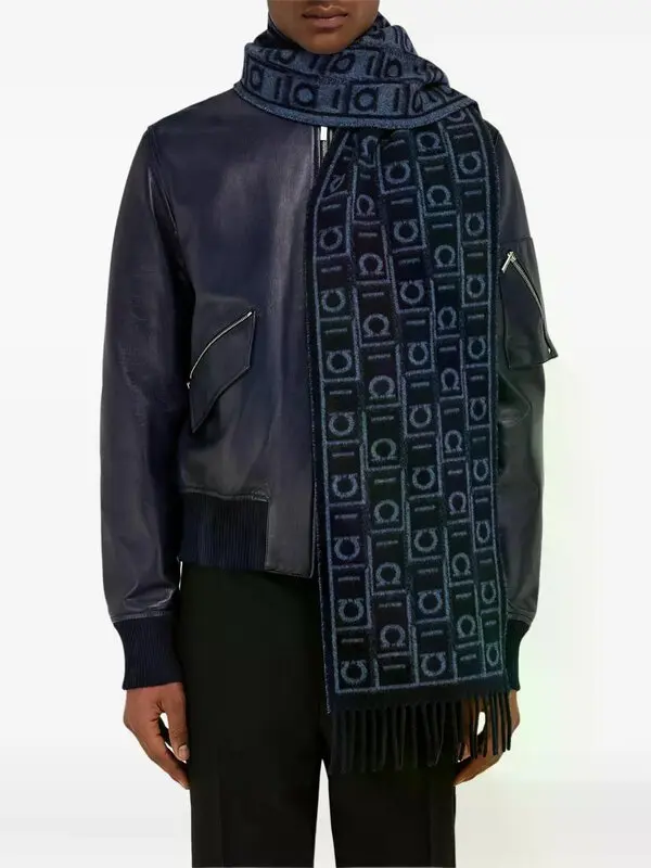 FERRAGAMO Monogram Fringed Scarf - Blue