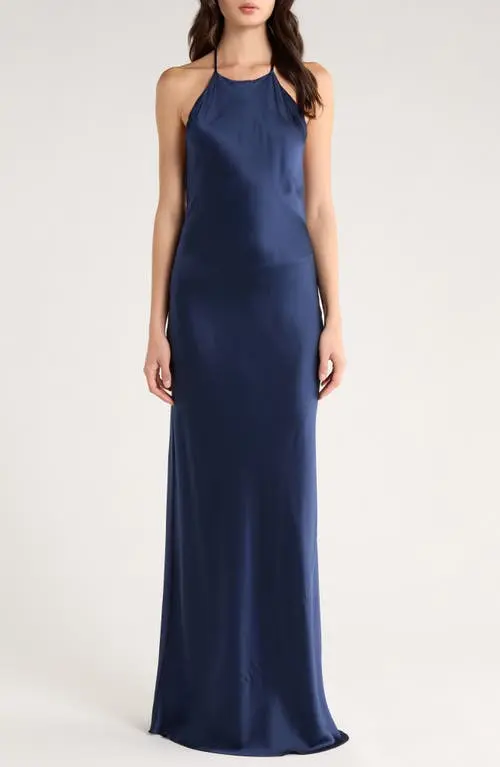 REFORMATION Jeany Silk Charmeuse Halter Dress - Navy
