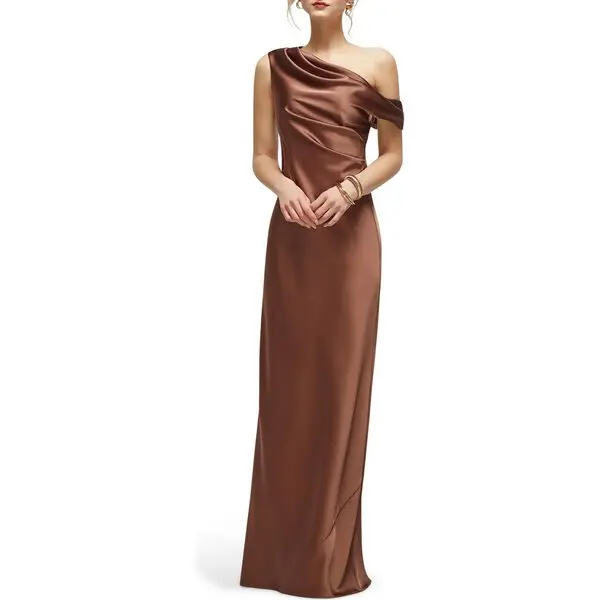 After Six Draped One-shoulder Charmeuse Gown - Cognac