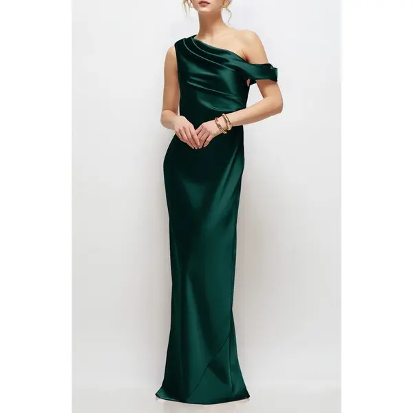 After Six Draped One-shoulder Charmeuse Gown - Evergreen