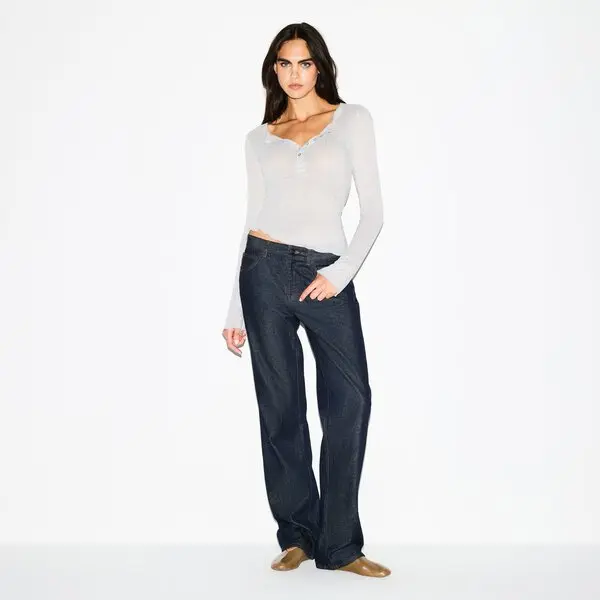 SKIMS Sheer Rib Long Sleeve Henley - Light Heather Grey