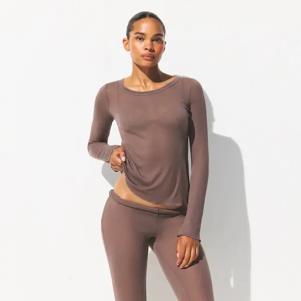 SKIMS Sheer Rib Long Sleeve Crew Neck Top - Pewter