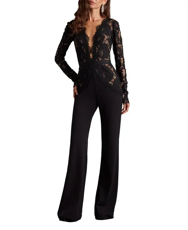 Tadashi Shoji Amaris Plunging Illusion Lace Jumpsuit - Black/nude